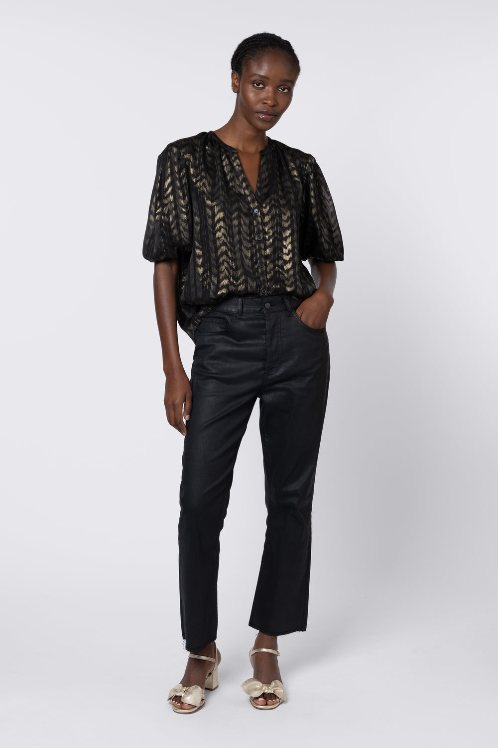 Poppy Puff Sleeve Blouse - Black/Gold